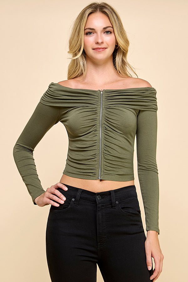 OFF SHOULDER ZIP UP FRONT RUCHING LONG SLEEVE TOP – Heart & Hips